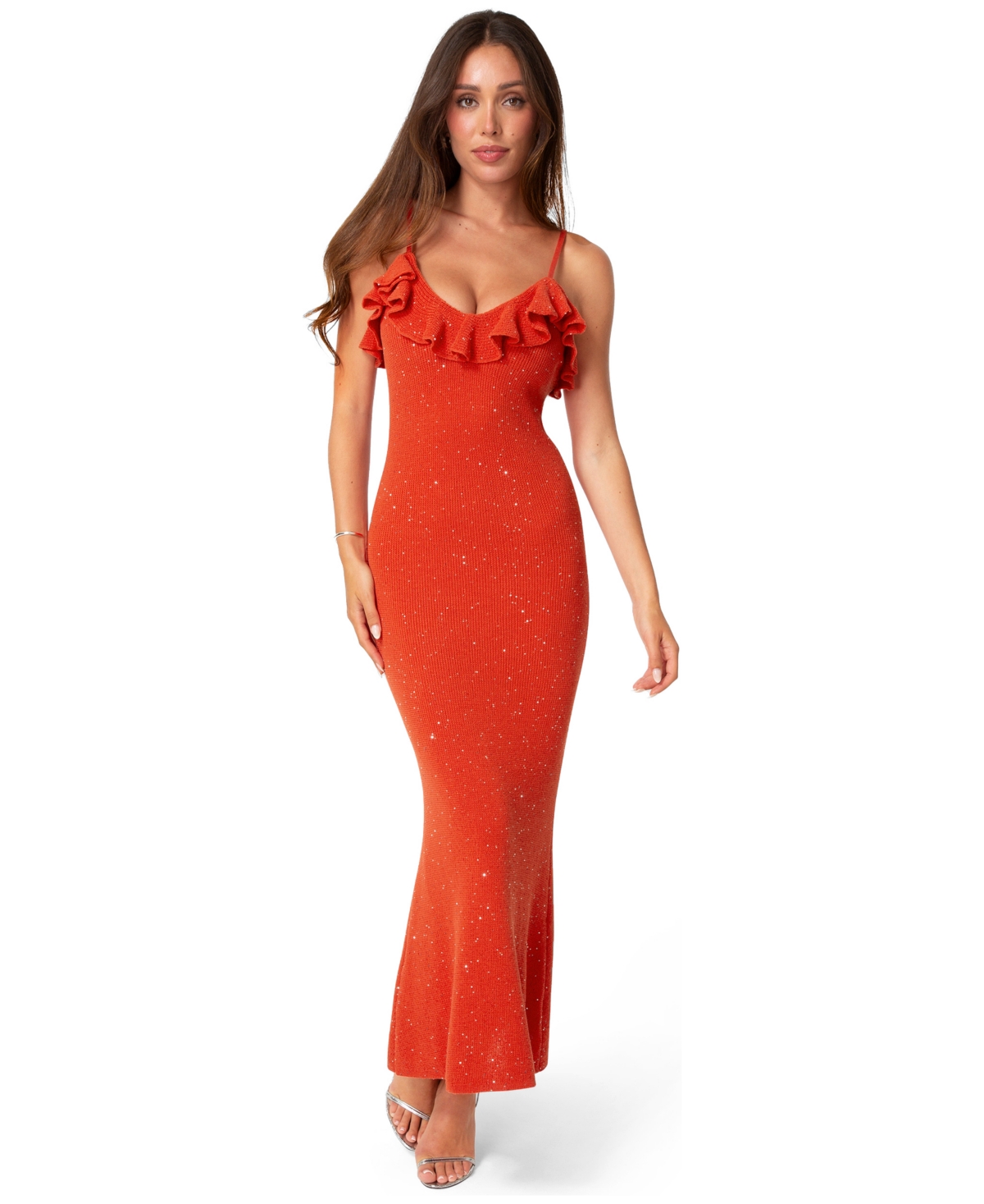 Click here for Bebe Womens Sequin Crochet Ruffle Neck Gown - Red prices
