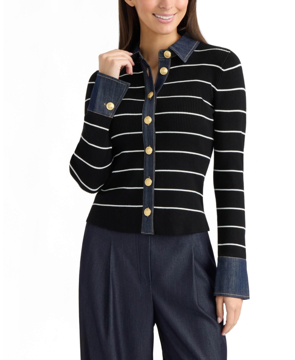 Click here for Ellen Tracy Womens Collared Button-Front Denim Tri... prices