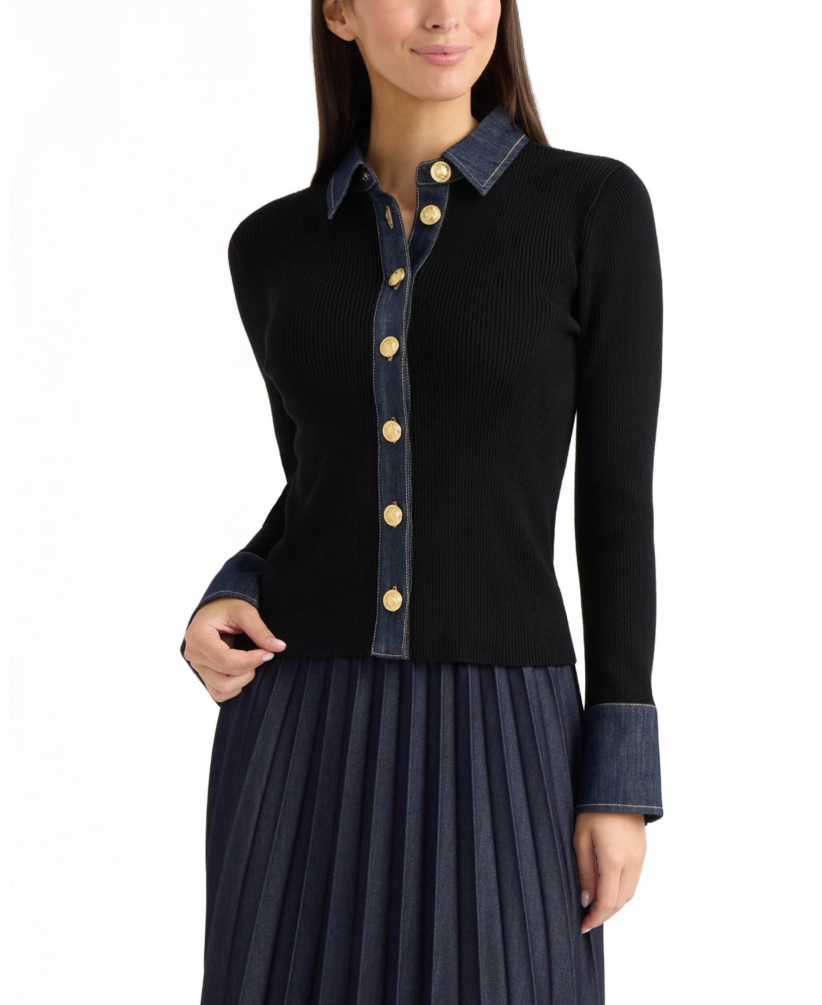 Click here for Ellen Tracy Womens Collared Button-Front Denim Tri... prices
