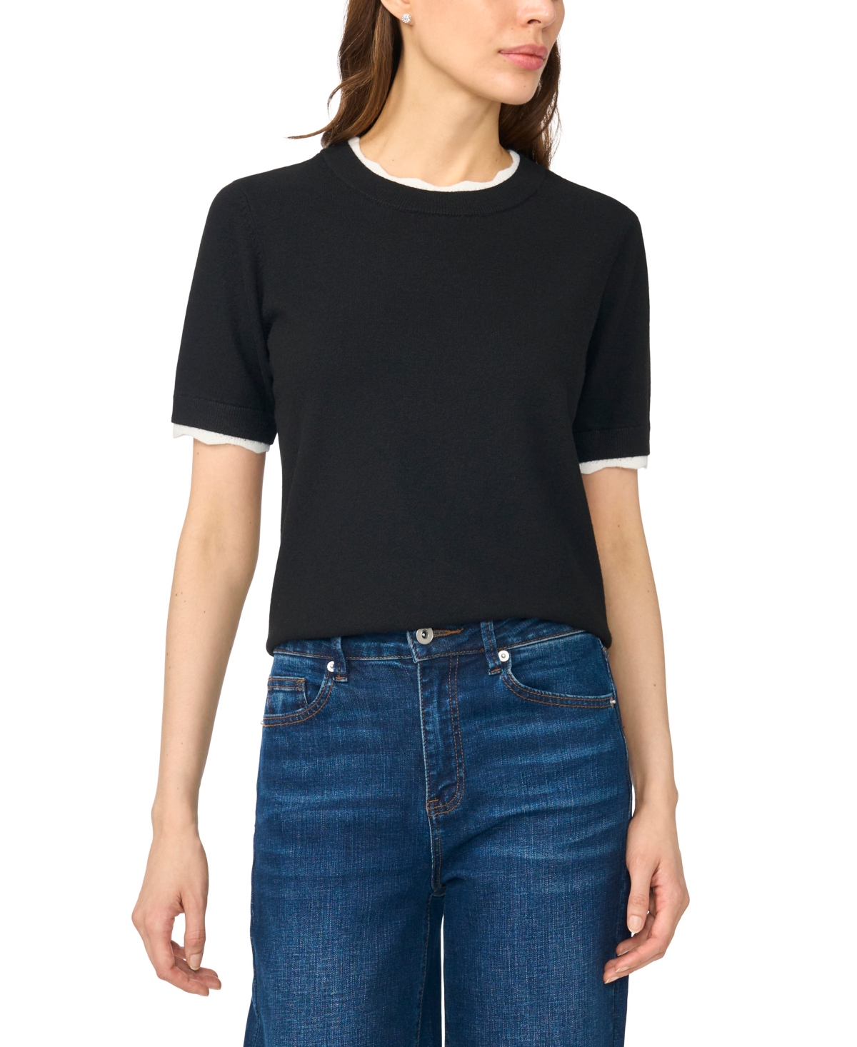 Click here for CeCe Womens Lace-Trim Crewneck Short-Sleeve Sweate... prices