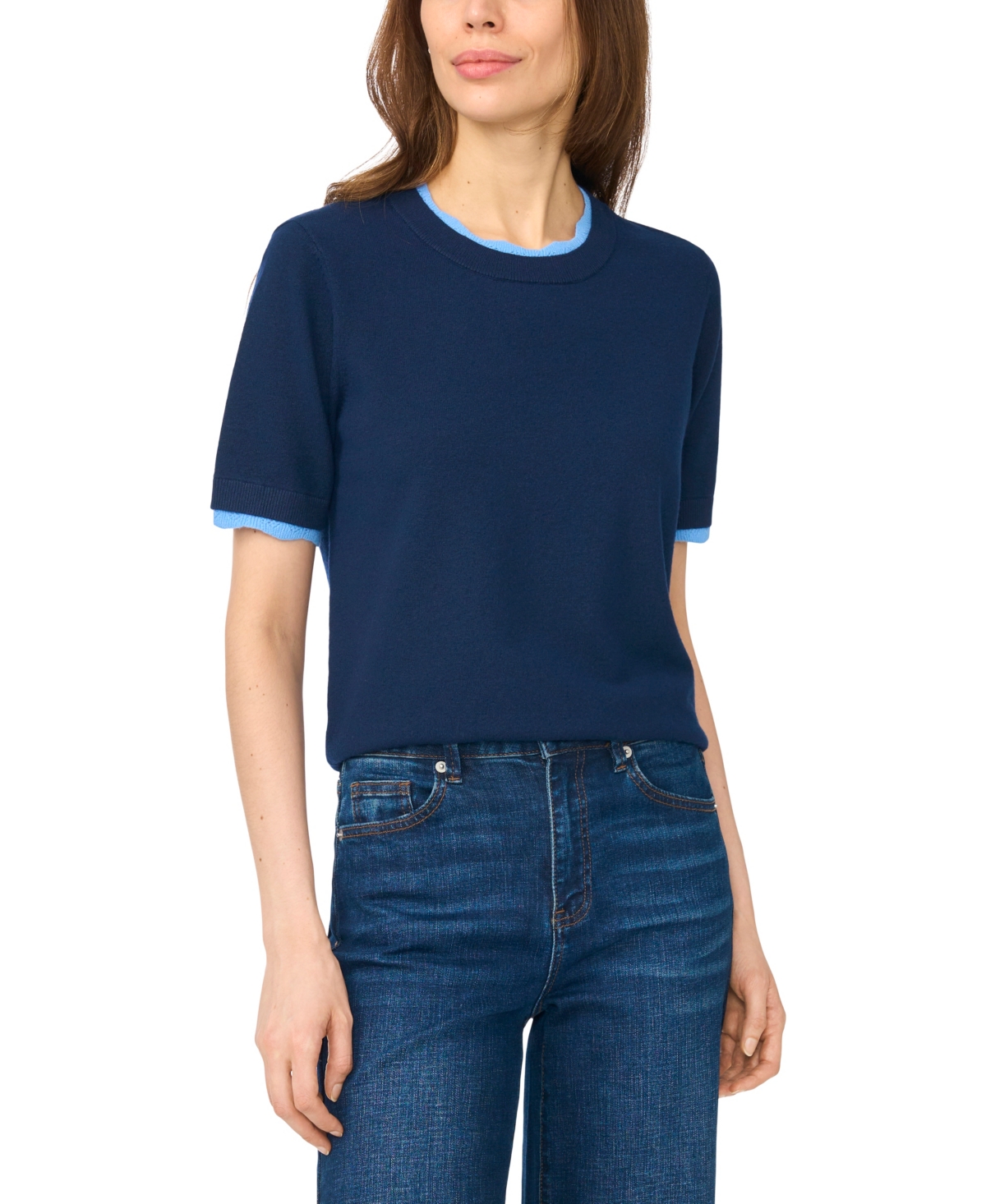 Click here for CeCe Womens Lace-Trim Crewneck Short-Sleeve Sweate... prices