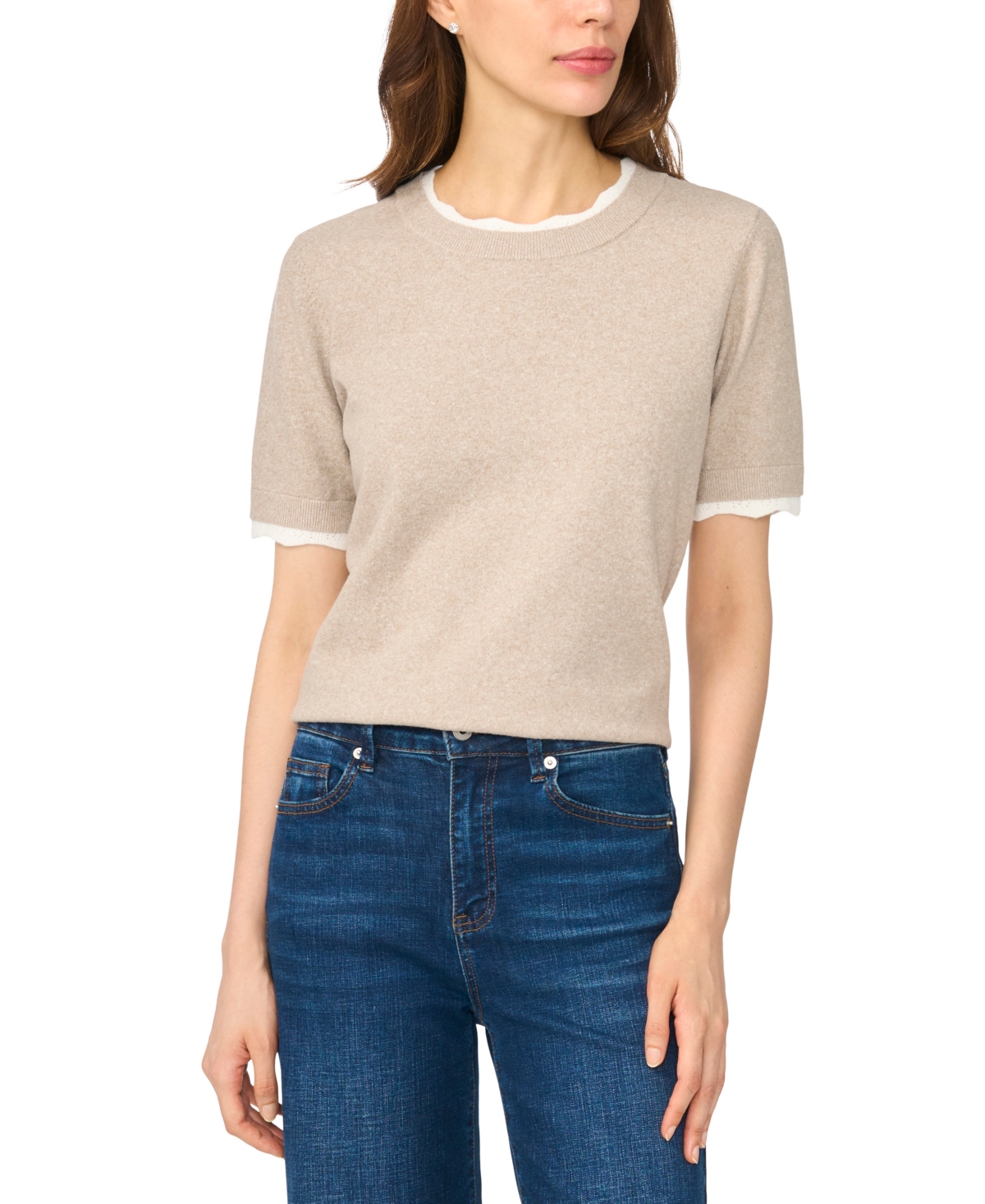 Click here for CeCe Womens Lace-Trim Crewneck Short-Sleeve Sweate... prices
