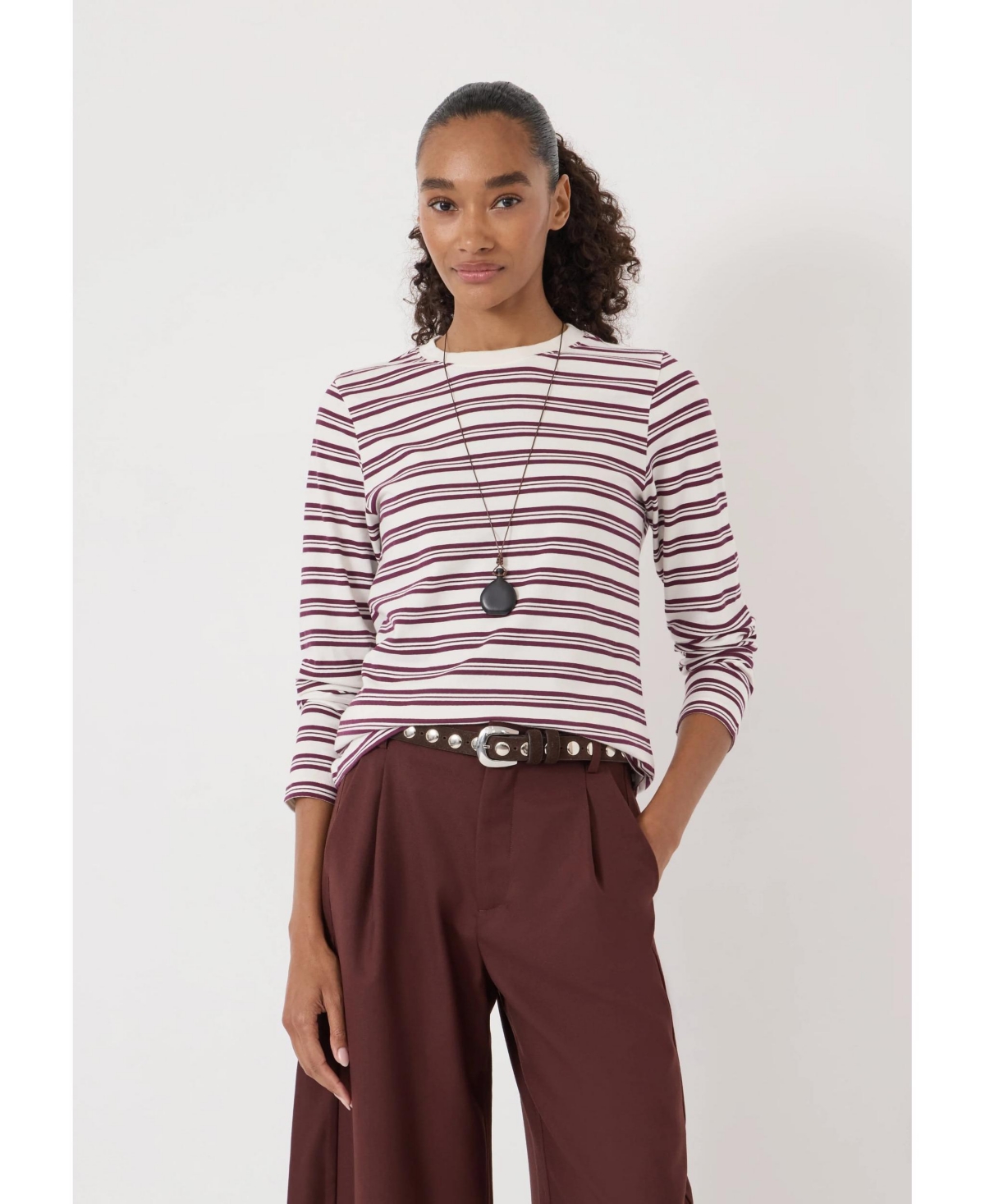 Click here for Hush Womens Mia Stripe Slim Long Sleeve Top - Wine... prices