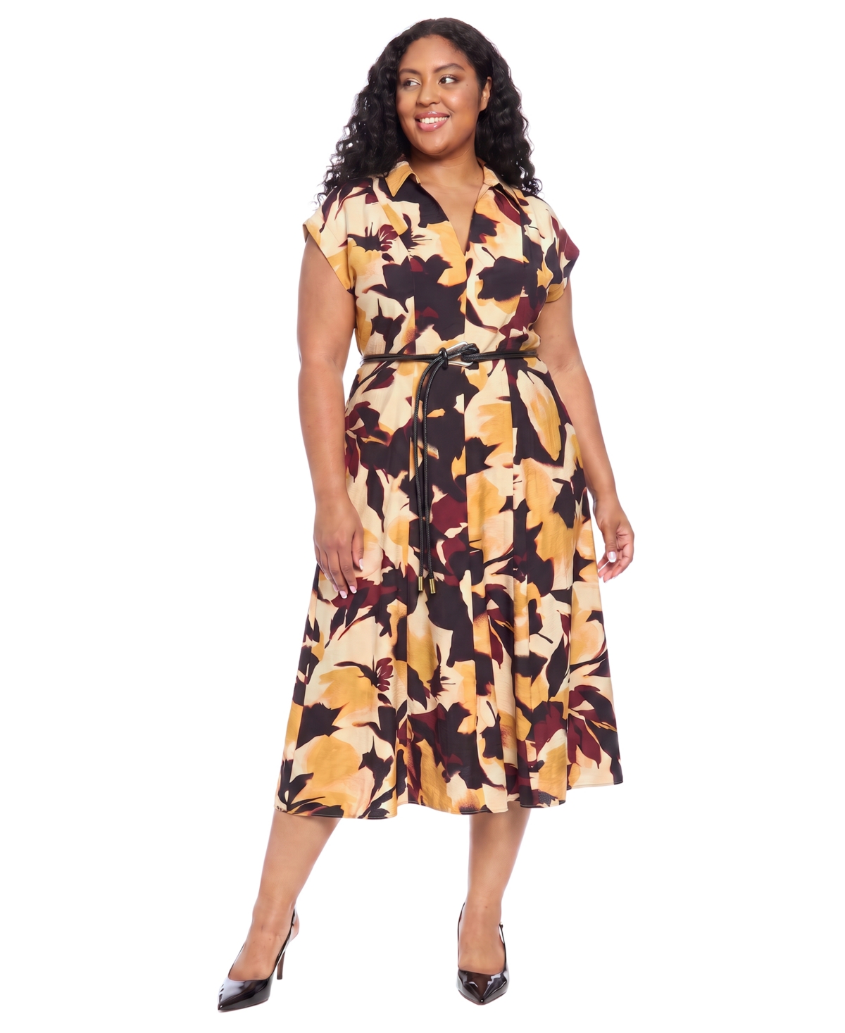Click here for London Times Plus Size Belted Collared Midi Floral... prices