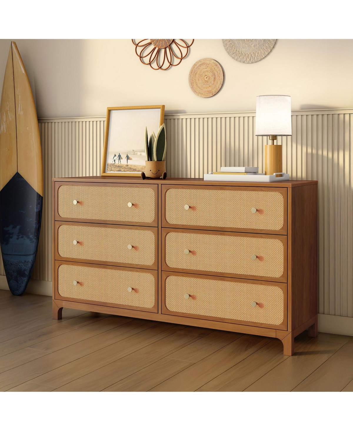 Click here for Max and Lily Elio/Rattan 6 Drawer Dresser - Pecan prices