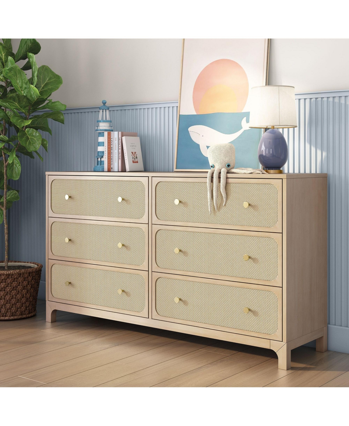 Click here for Max and Lily Elio/Rattan 6 Drawer Dresser - Blonde prices