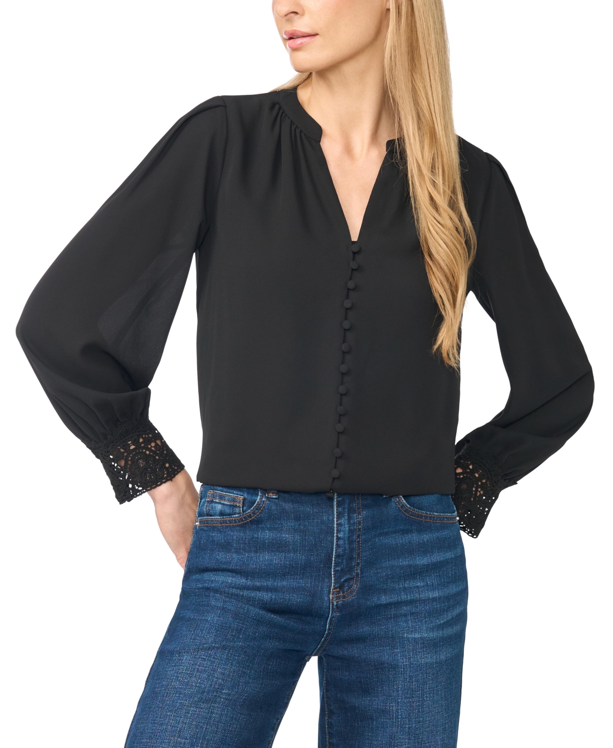 Click here for CeCe Womens Lace-Cuff Button-Front V-Neck Blouse -... prices