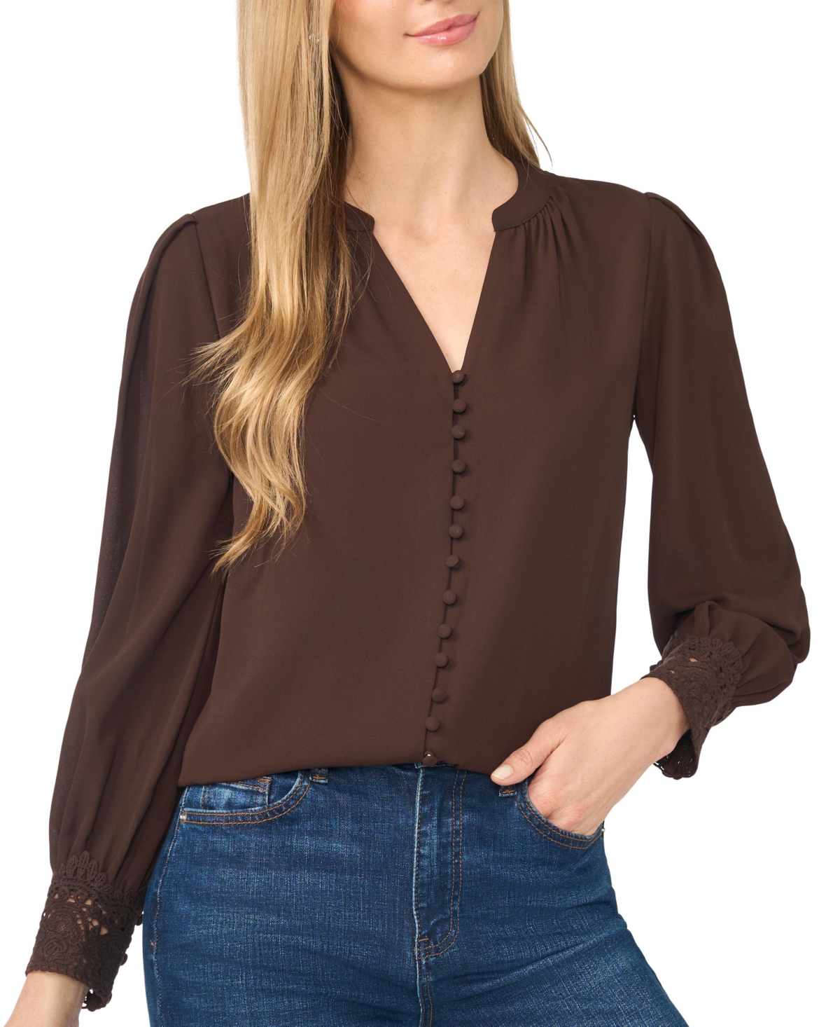 Click here for CeCe Womens Lace-Cuff Button-Front V-Neck Blouse -... prices
