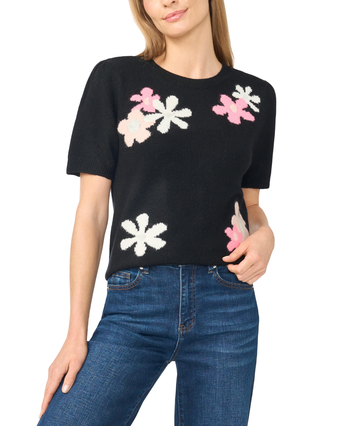 Click here for CeCe Womens Crewneck Flower Patterned Knit Short-S... prices