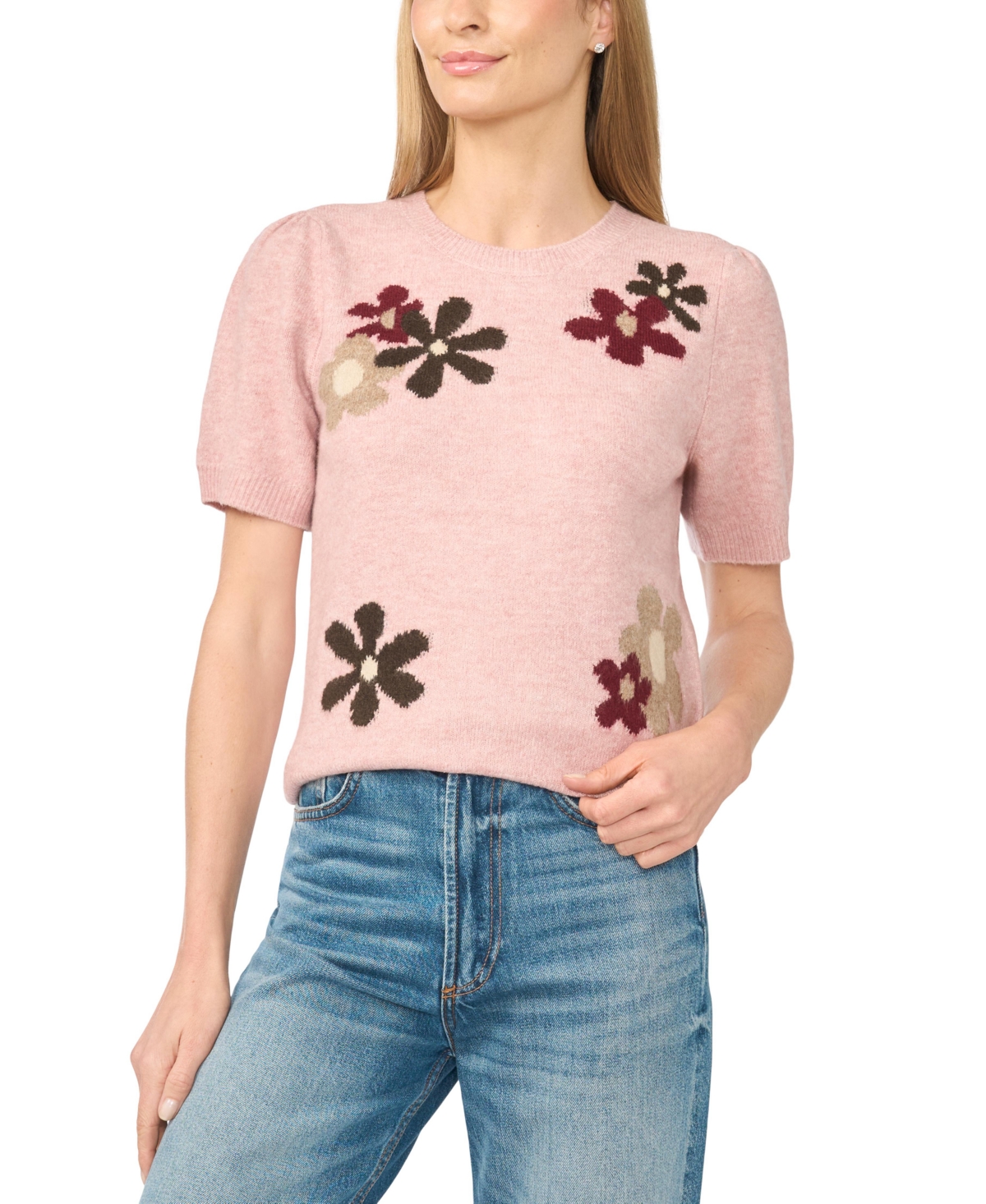 Click here for CeCe Womens Crewneck Flower Patterned Knit Short-S... prices