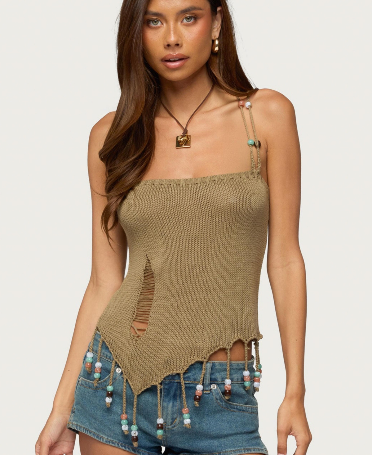 Click here for Edikted Womens Fernie Square Neck Bead-Fringe Tank... prices