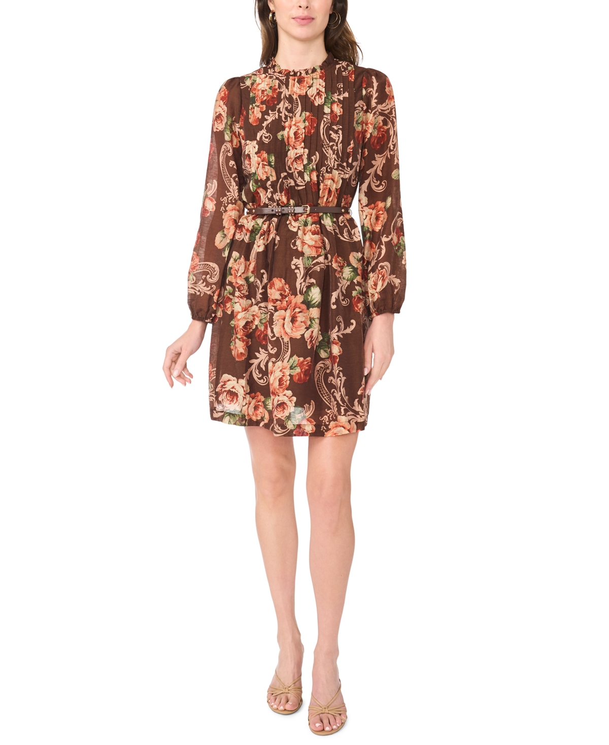 Click here for Msk Womens Floral-Print Ruffle Dress - Brown Multi prices