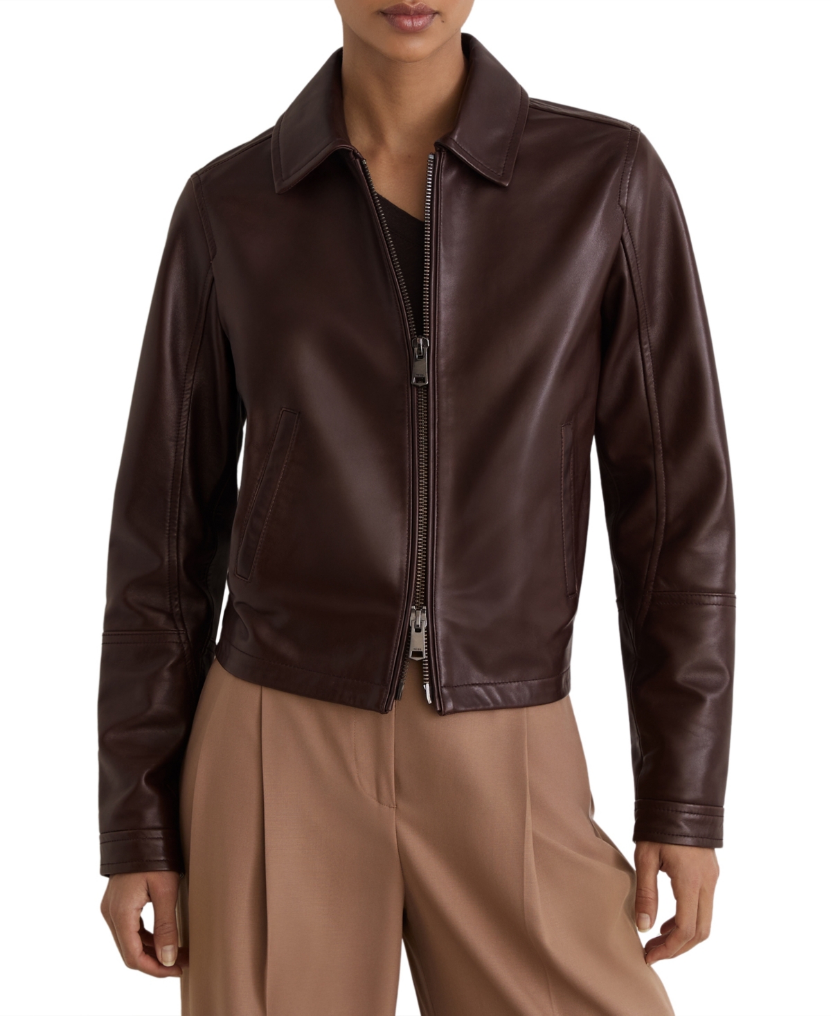 Click here for Reiss Womens Leather Zip-Through Moto Jacket - Cho... prices