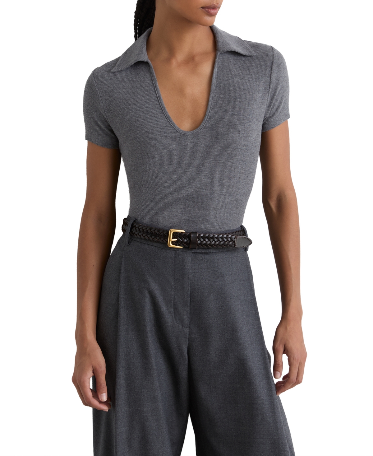 Click here for Reiss Womens Scoop-Neck Jersey Polo Top - Grey Mar... prices