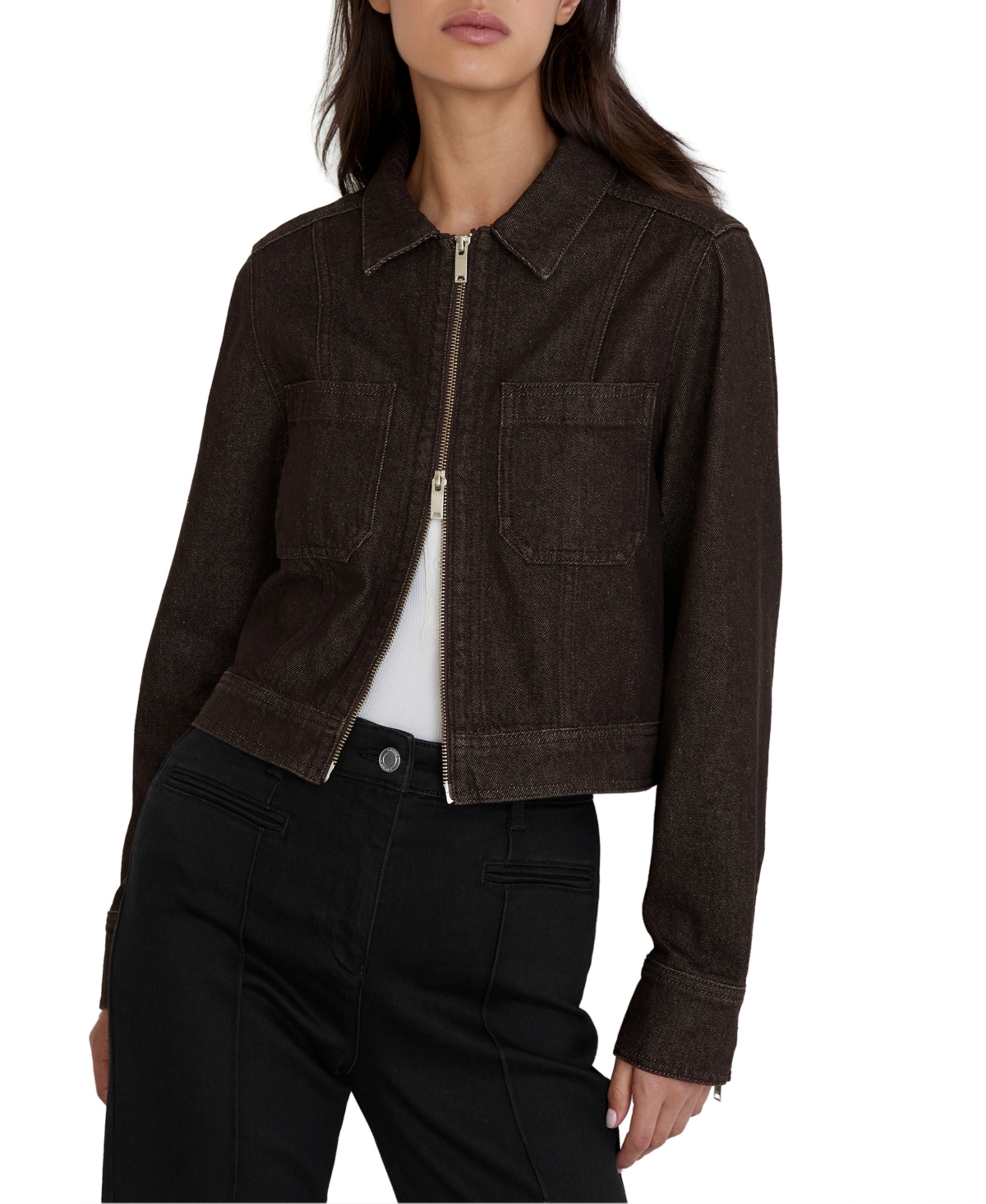 Click here for Reiss Womens Cropped Zip-Through Denim Jacket - Da... prices