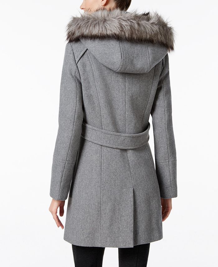 Calvin Klein Faux-Fur-Trim Wool-Blend Walker Coat - Macy's