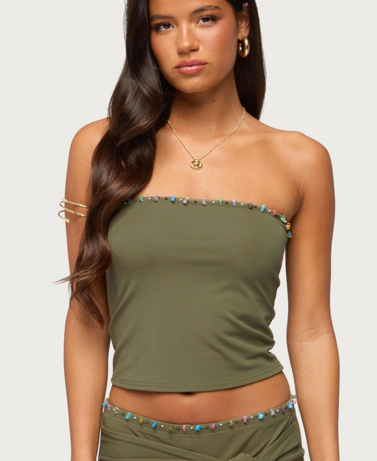Click here for Edikted Womens Monroah Beaded Strapless Top - Oliv... prices