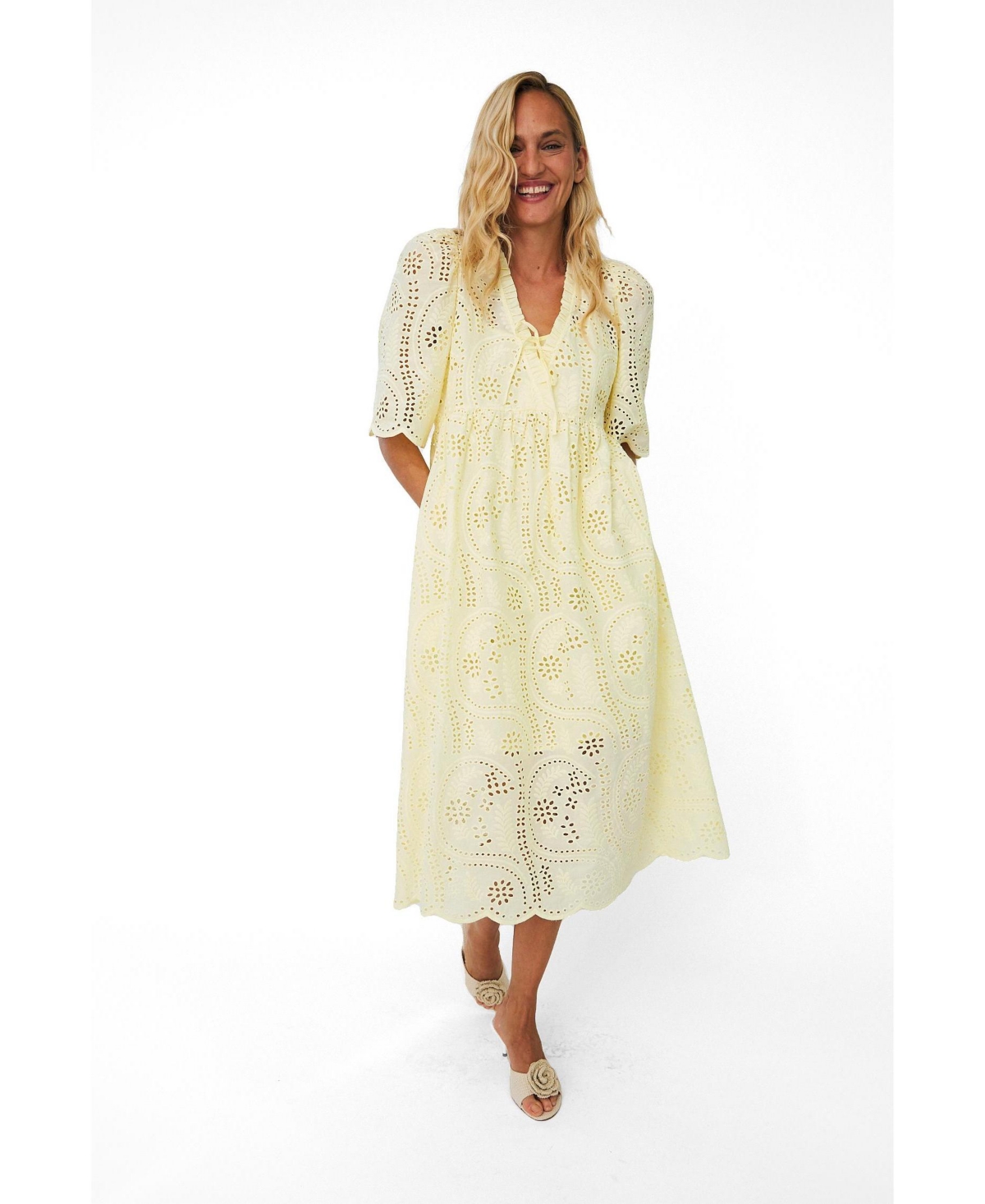Click here for Cras Womens Breeze Tie-Neck Eyelet Scalloped Midi... prices