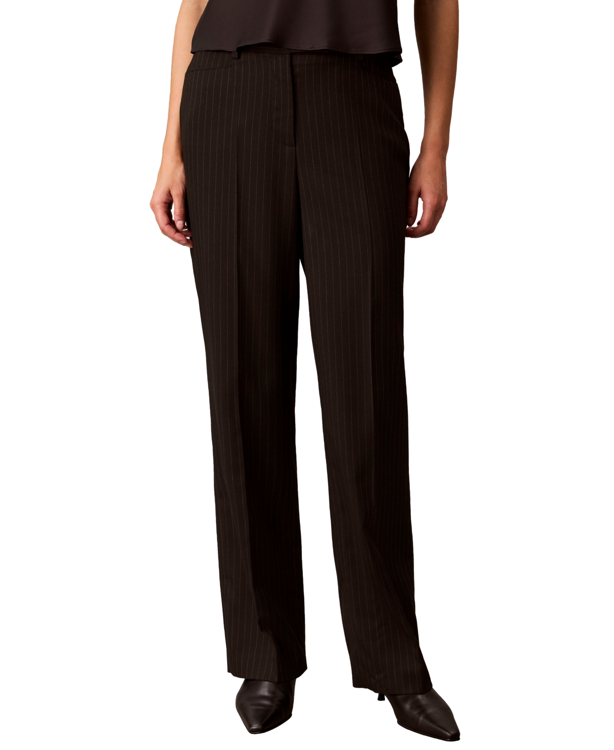 Click here for Calvin Klein Womens Petite High-Waisted Pinstripe... prices