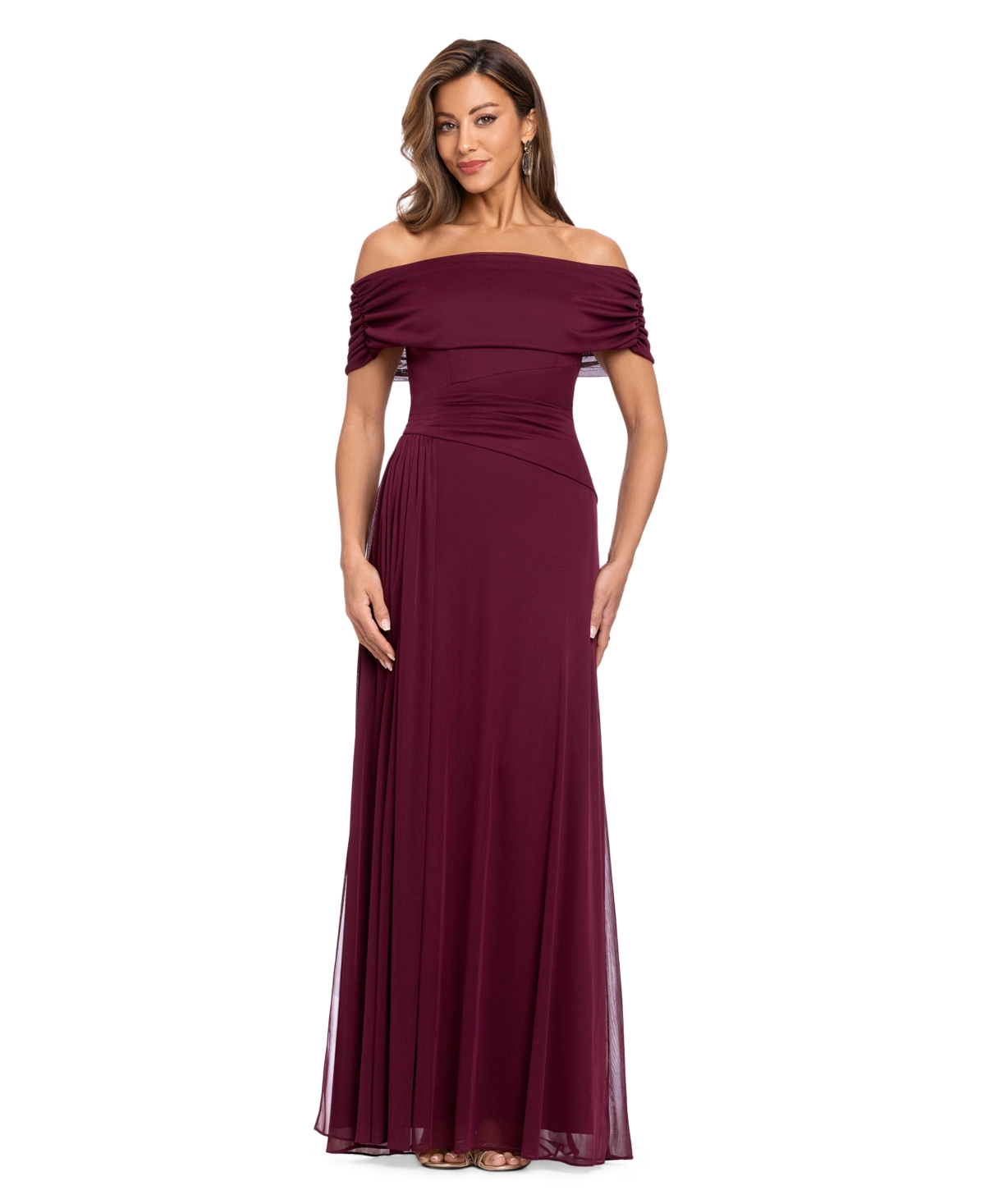Click here for Xscape Womens Off-the-Shoulder Ruched Gown - Wine prices