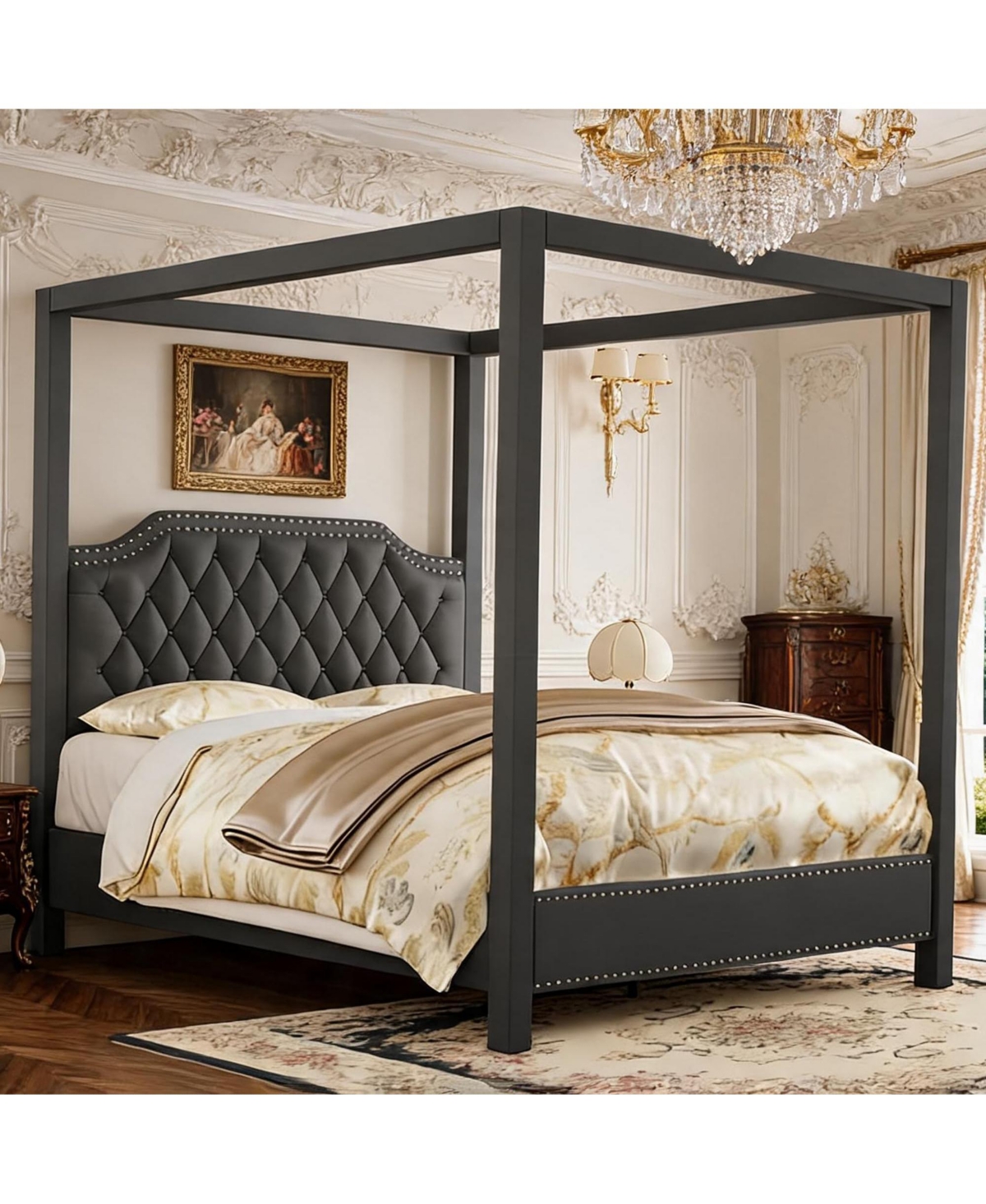 Click here for King Size Upholstered 4-Poster Canopy Bed Frame  P... prices