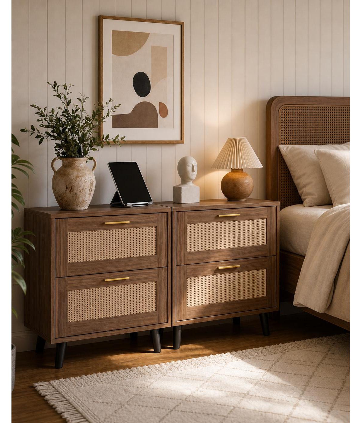 Click here for Rattan Nightstands Set of 2 - Walnut Bedside Table... prices