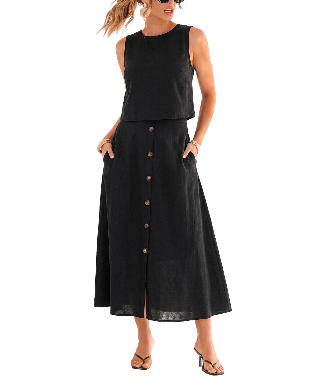Click here for Cupshe Womens Crew Neck Button Skirt Set - Black prices