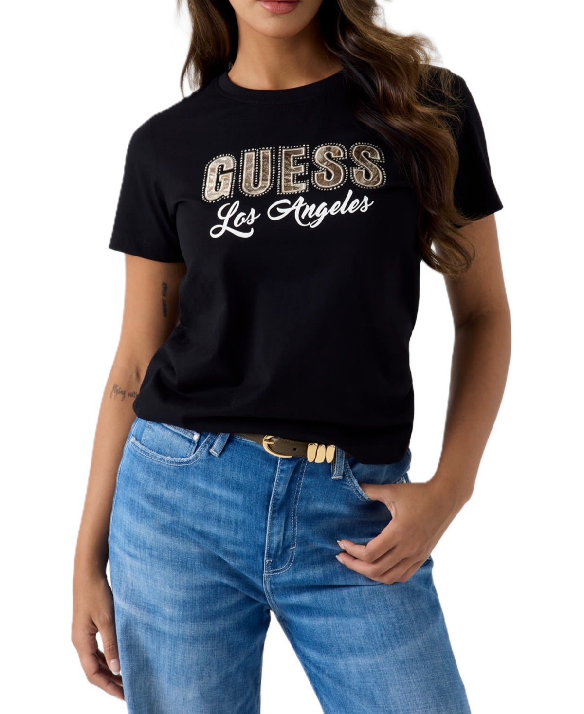 Click here for Guess Womens Script Rhinestone Logo Crewneck T-Shi... prices
