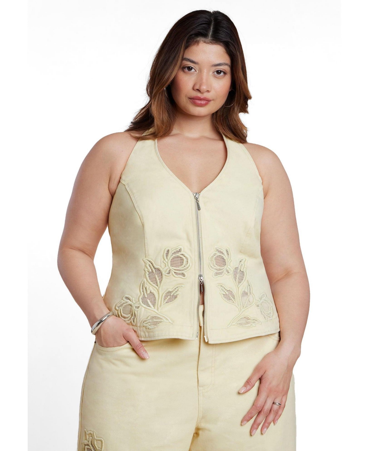 Click here for Eloquii Plus Size Halter Floral-Embroidery Denim V... prices