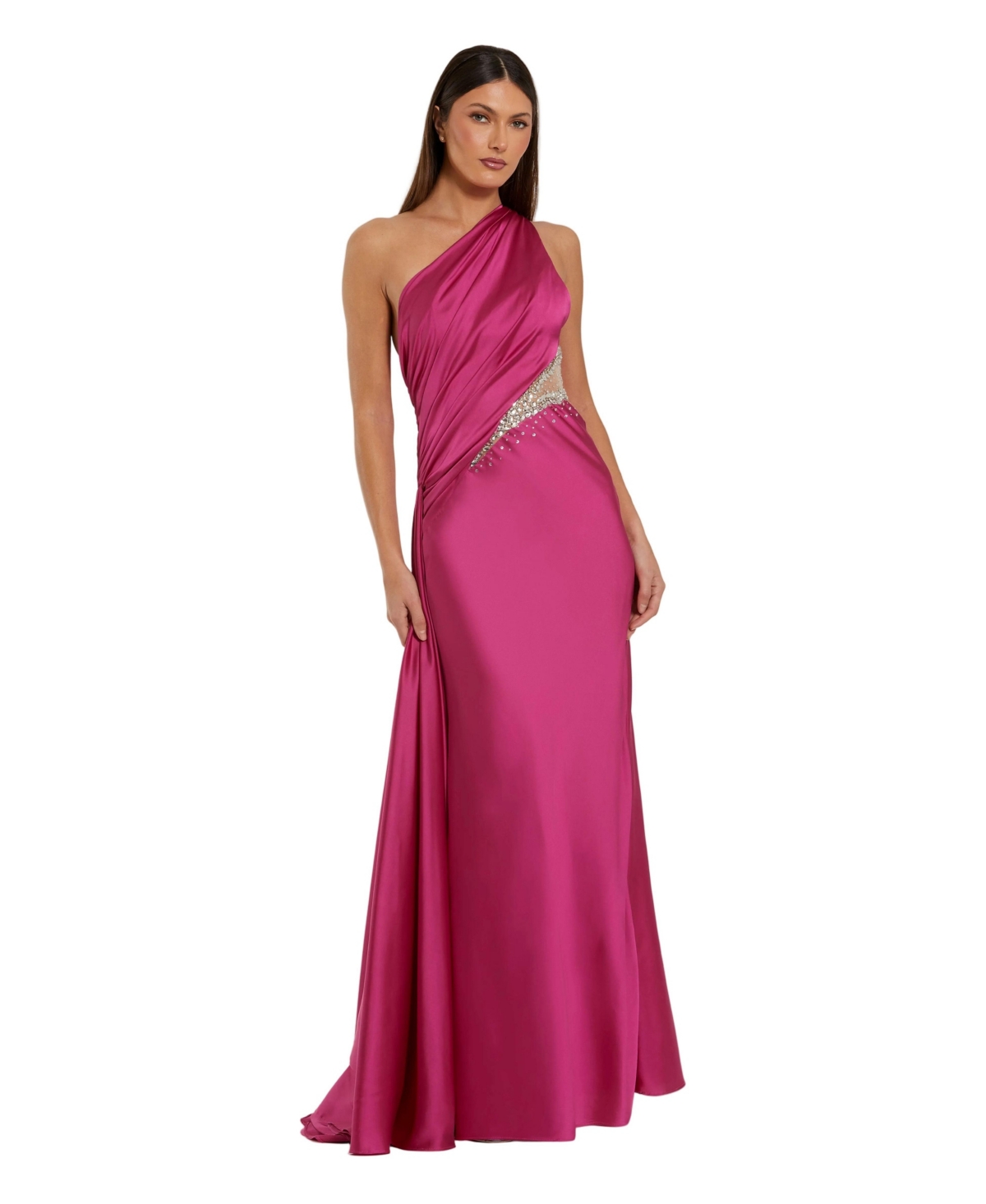 Click here for Womens One Shoulder Embellished Satin Gown - Magen... prices