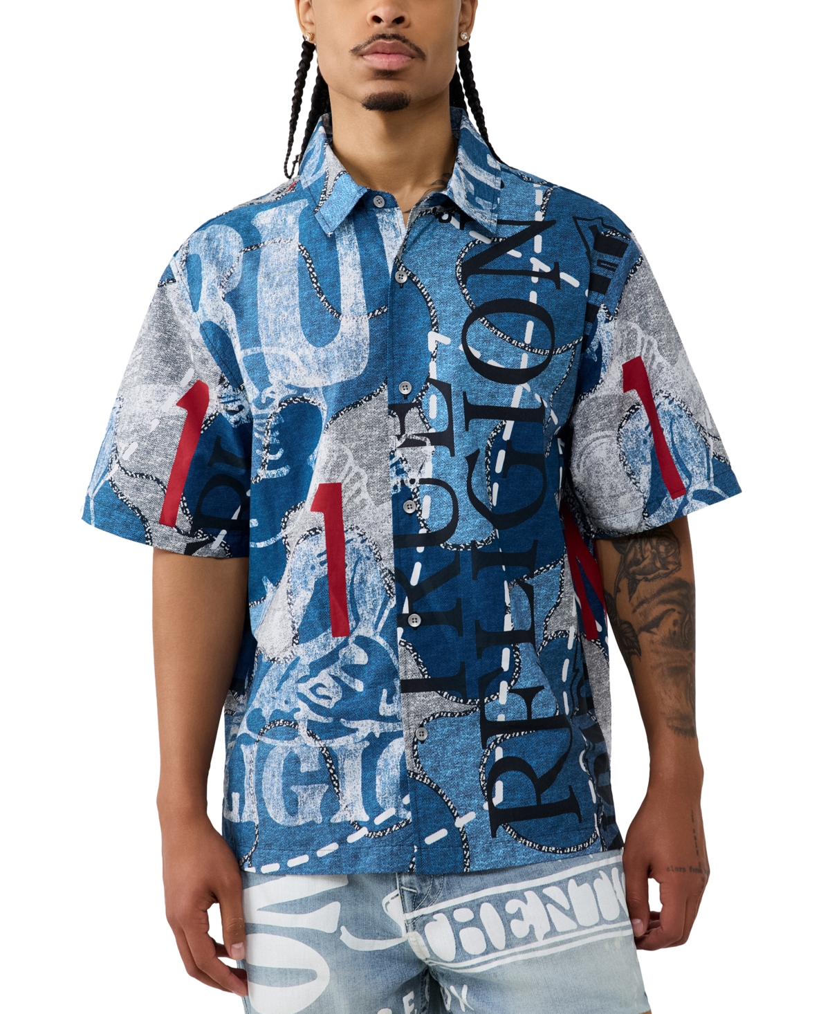 Click here for True Religion Mens Poplin Print Shirt - Indigo Nat... prices