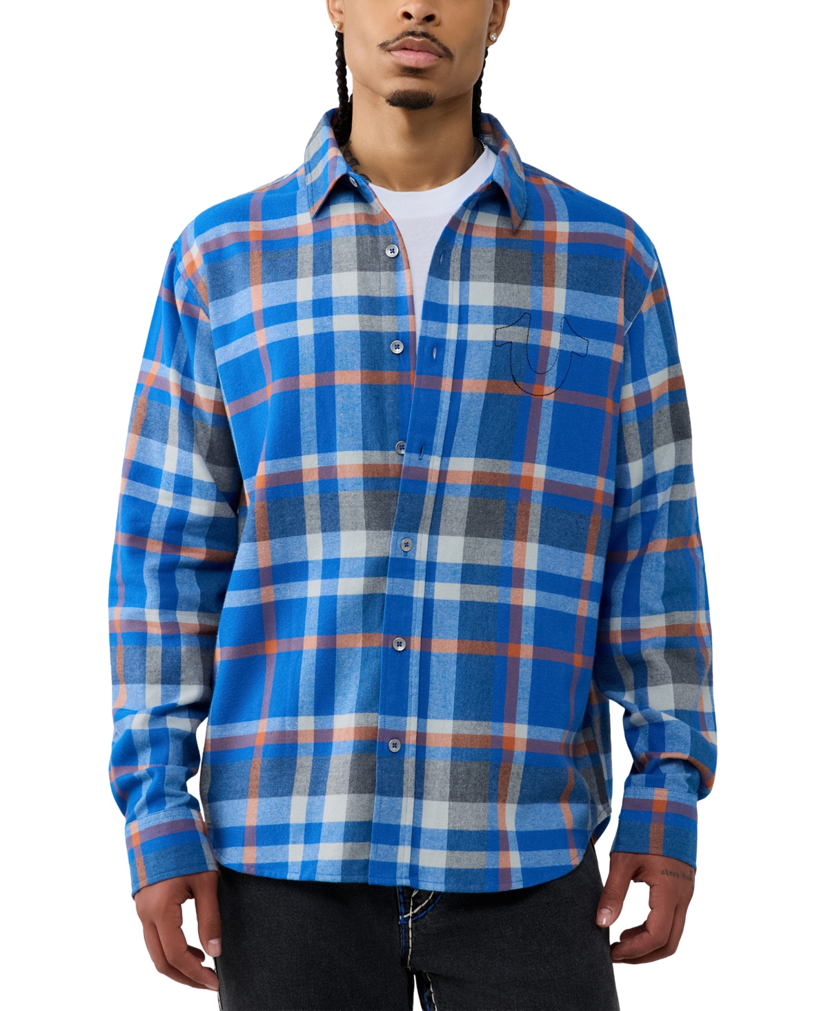 Click here for True Religion Mens Flannel Plaid Shirt - Blue/Whit... prices