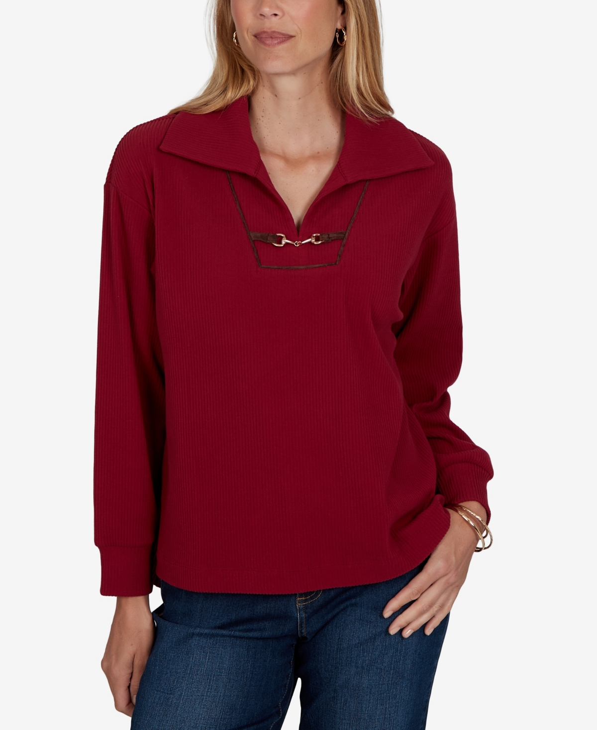 Click here for Ruby Rd. Petite Knt Premium Rib Collared Long-Slee... prices