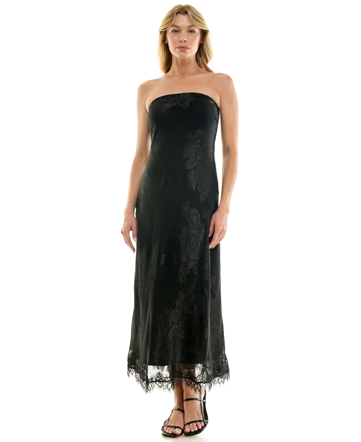 Click here for Row A Juniors Strapless Midi Lace-Trim Dress - Bla... prices
