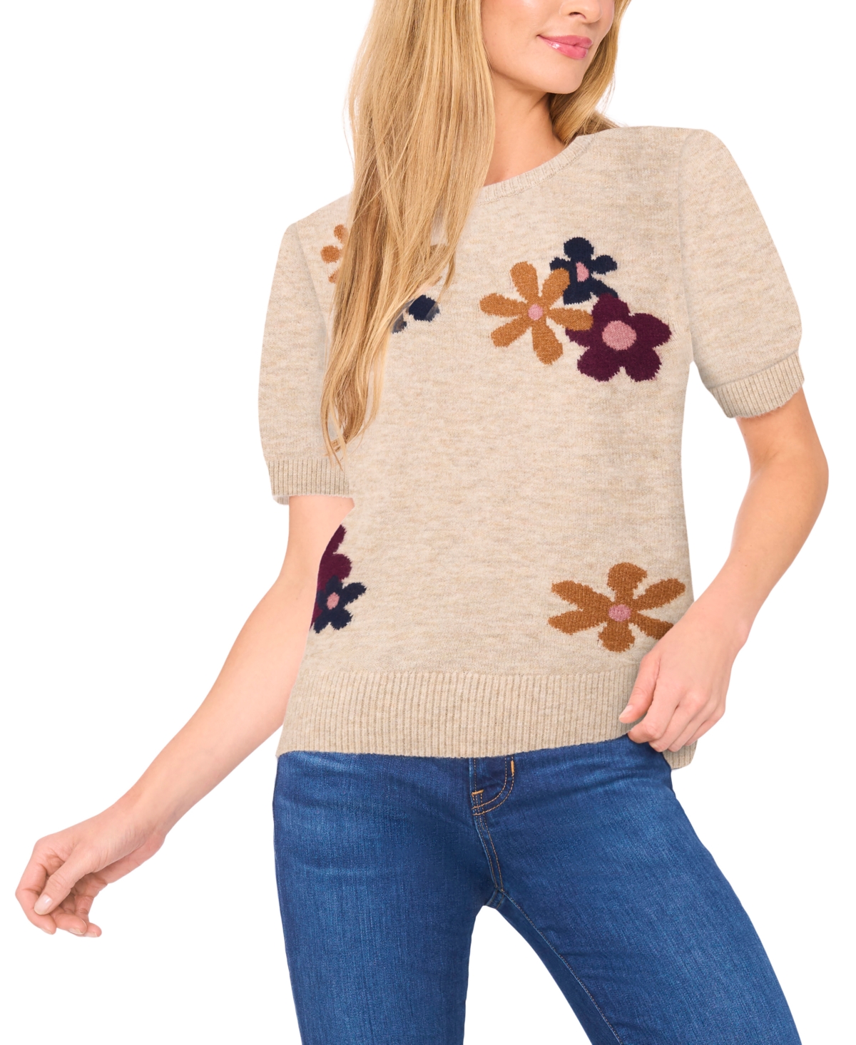Click here for CeCe Womens Crewneck Flower Patterned Knit Short-S... prices