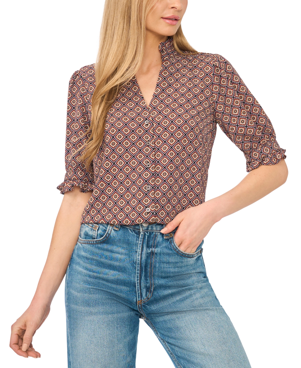 Click here for CeCe Womens Ruffle V-Neck Elbow-Length Blouse - Ha... prices