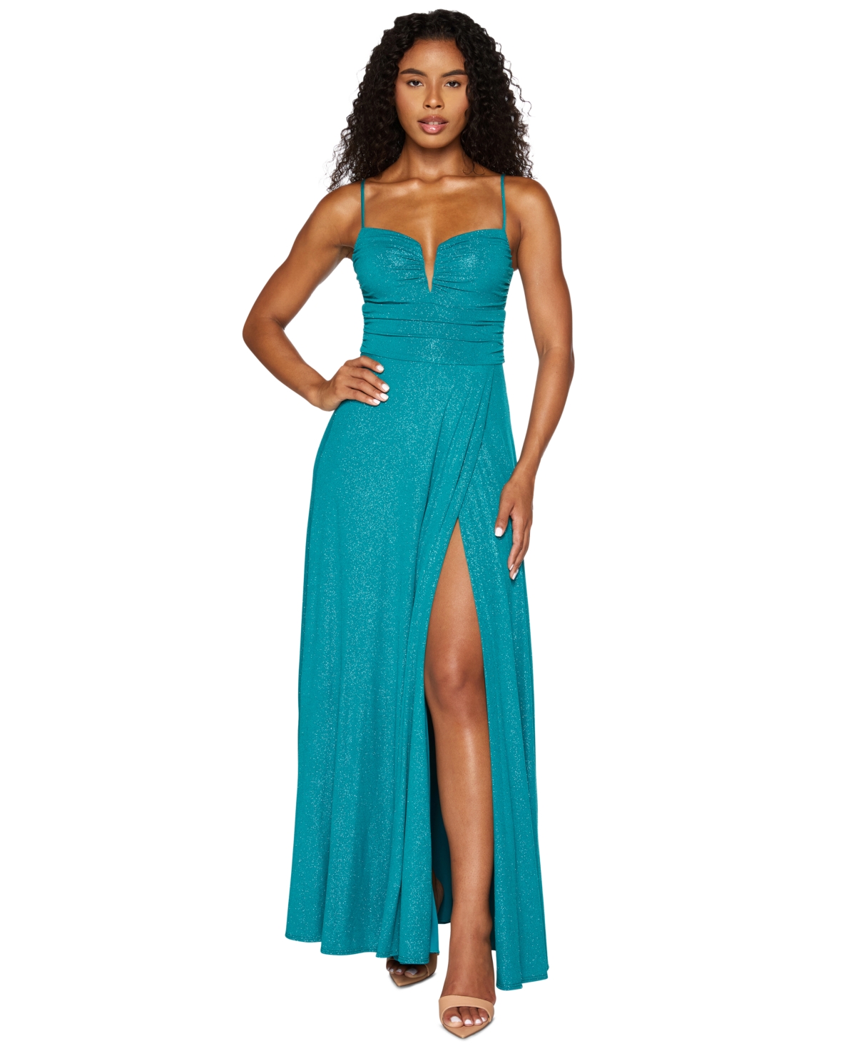 Click here for B Darlin Juniors Glitter Ruched-Bodice Front-Slit... prices