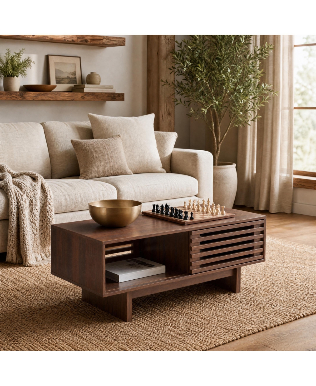 Click here for homfan 39 Inch Coffee Table Wood Slatted Sliding D... prices