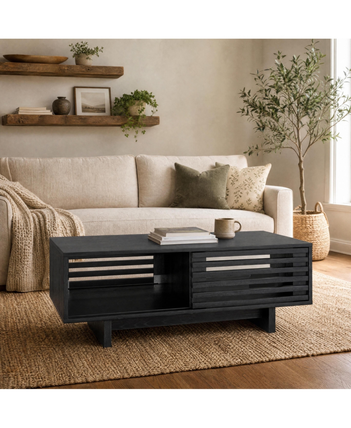 Click here for homfan 39 Inch Coffee Table Wood Slatted Sliding D... prices
