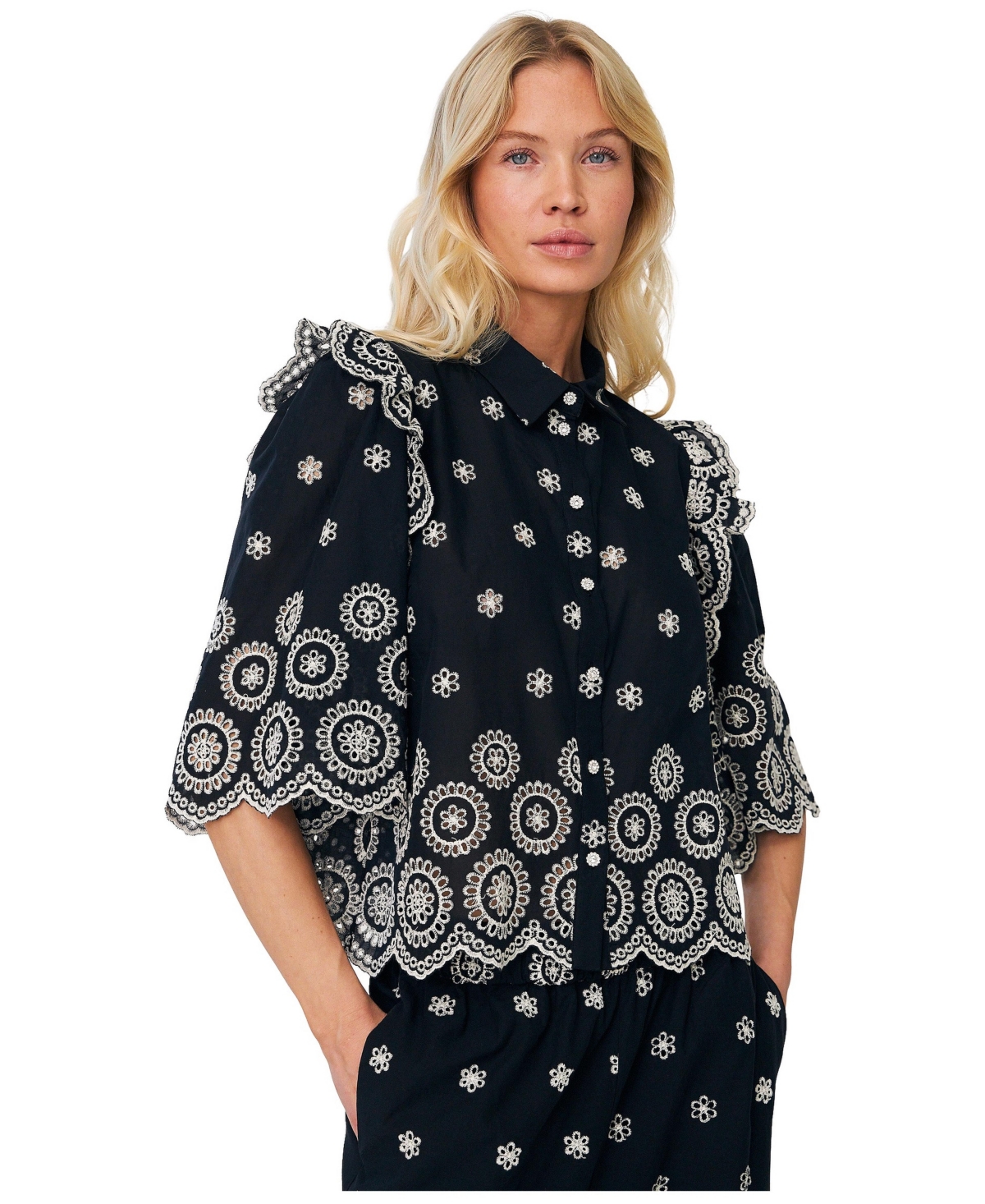 Click here for Cras Womens Lysa Ruffle Shirt - Black prices