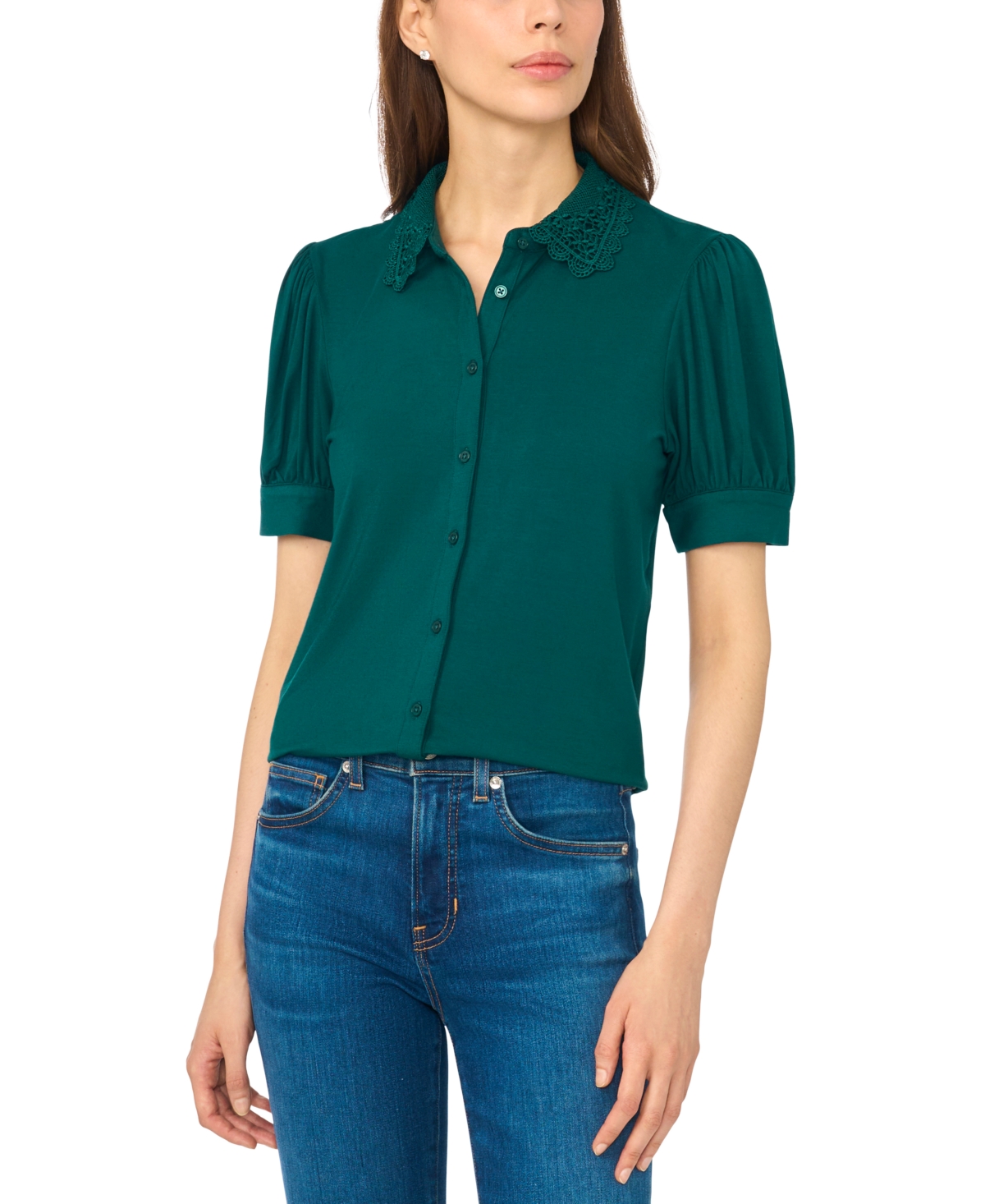 CeCe Womens Scallop-Trim Collared Short-Sleeve Button-Front Top - Dark Forest