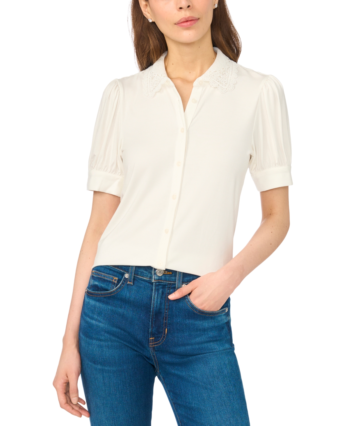 Click here for CeCe Womens Scallop-Trim Collared Short-Sleeve But... prices