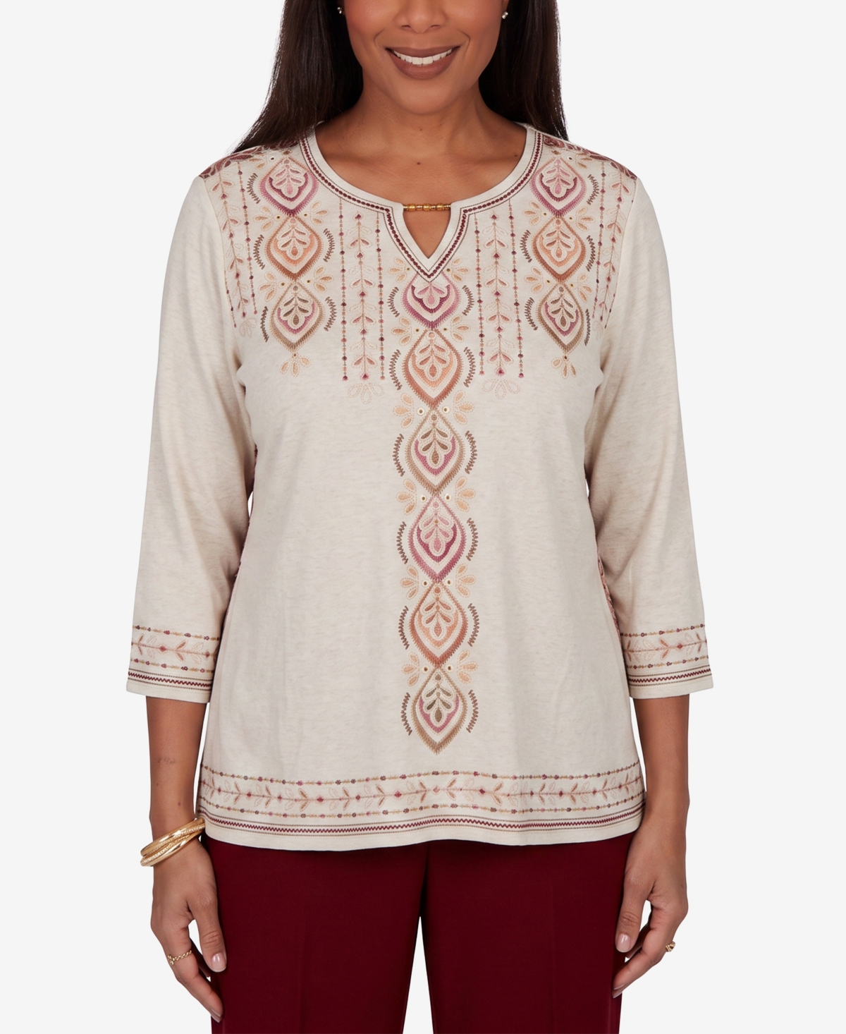 Click here for Alfred Dunner Petite Keyhole Neck 3/4-Sleeve Blous... prices