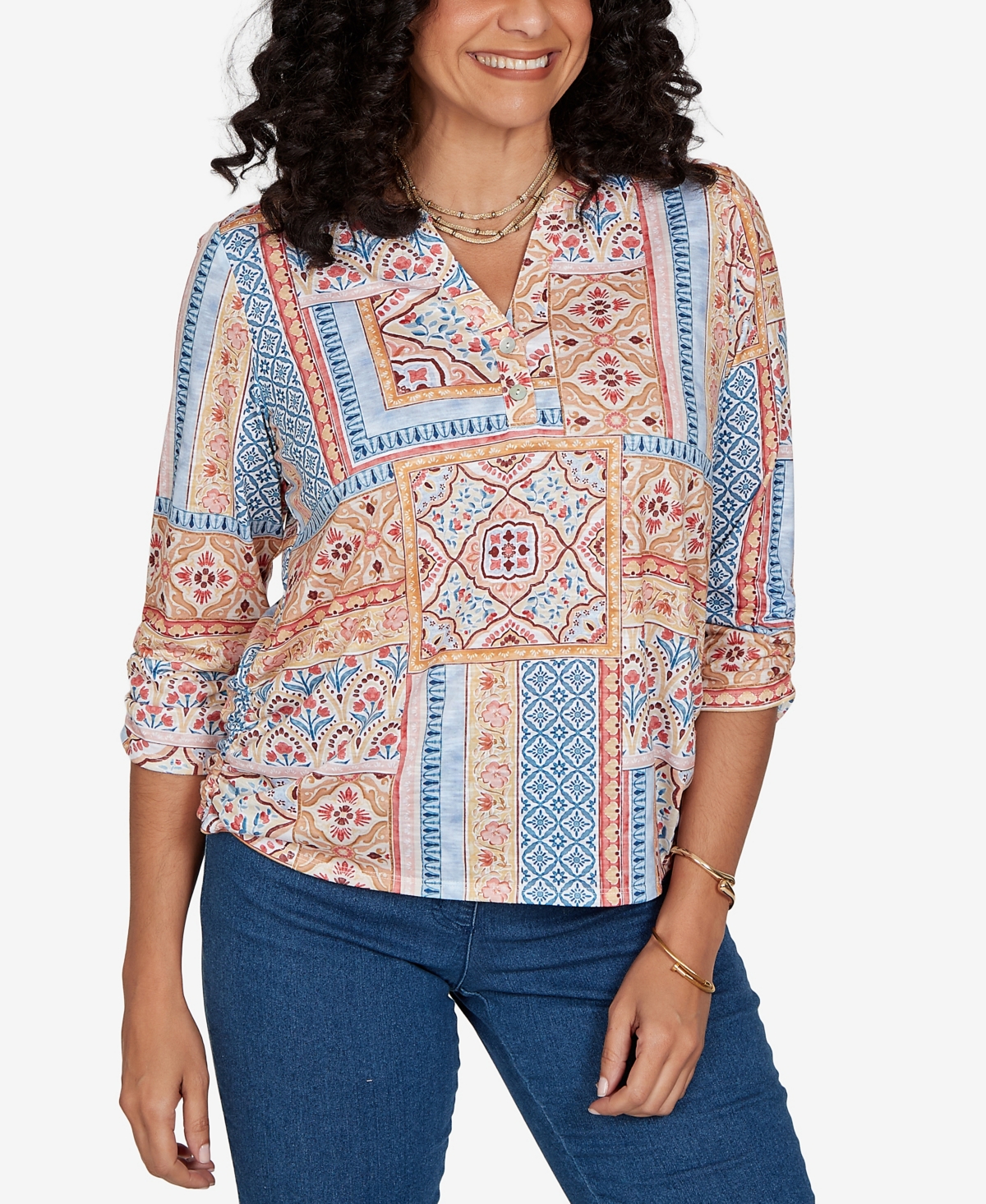 Click here for Alfred Dunner Petite Henley 3/4-Sleeve Top - Blue... prices