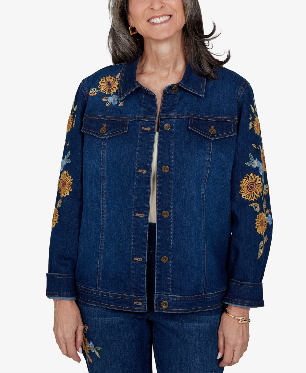 Click here for Alfred Dunner Womens Denim Floral-Embroidered Shor... prices