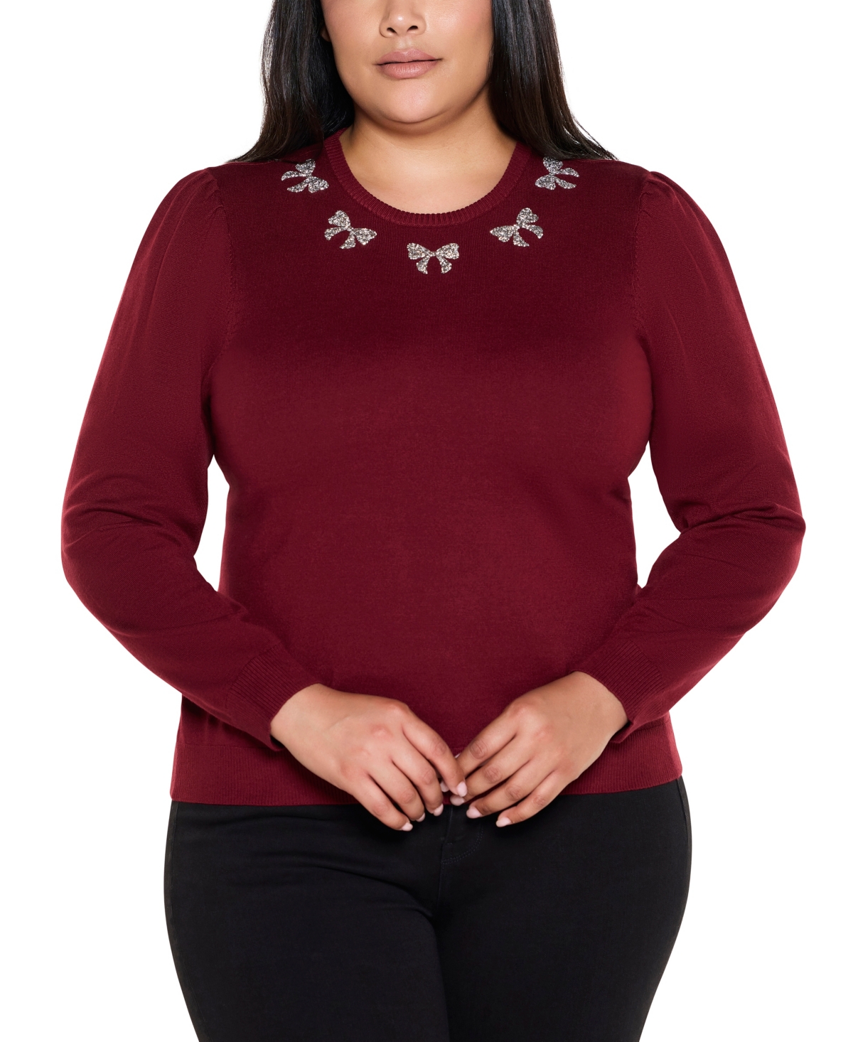 Click here for Belldini Plus Size Fitted Rhinestone-Bow Crewneck... prices
