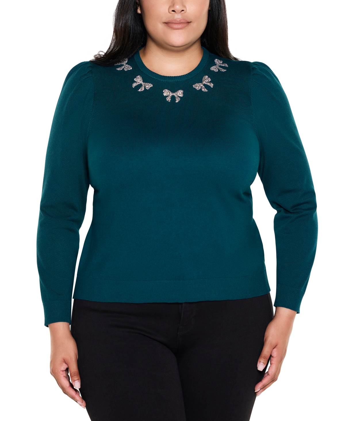 Click here for Belldini Plus Size Fitted Rhinestone-Bow Crewneck... prices