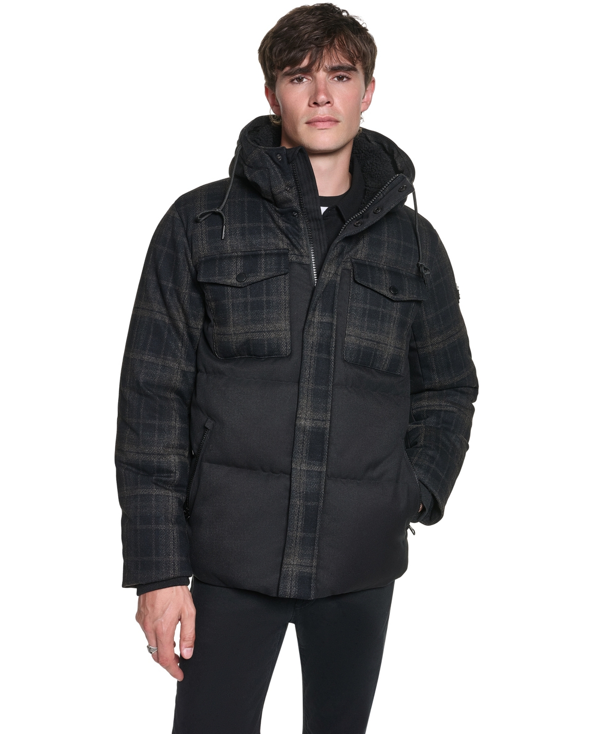 Click here for Karl Lagerfeld Paris Mens Mixed Media Hooded Puffe... prices