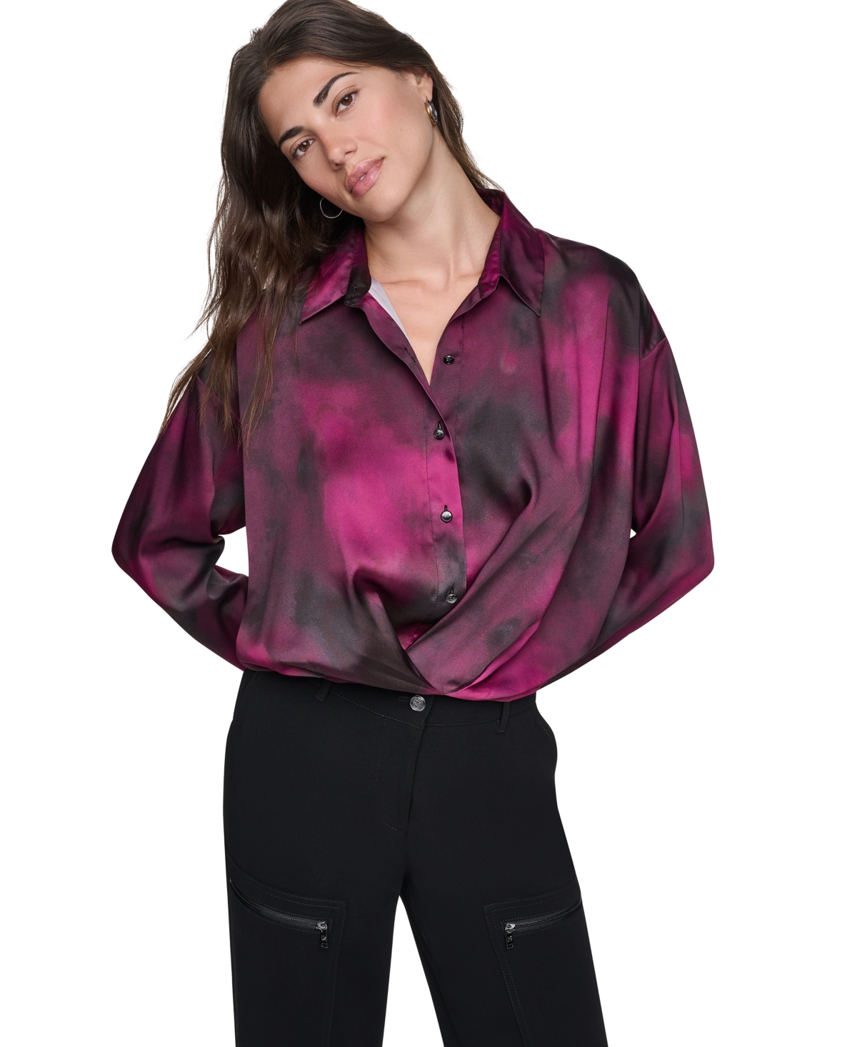 Click here for Dkny Womens Long-Sleeve Collared Twist-Front Blous... prices