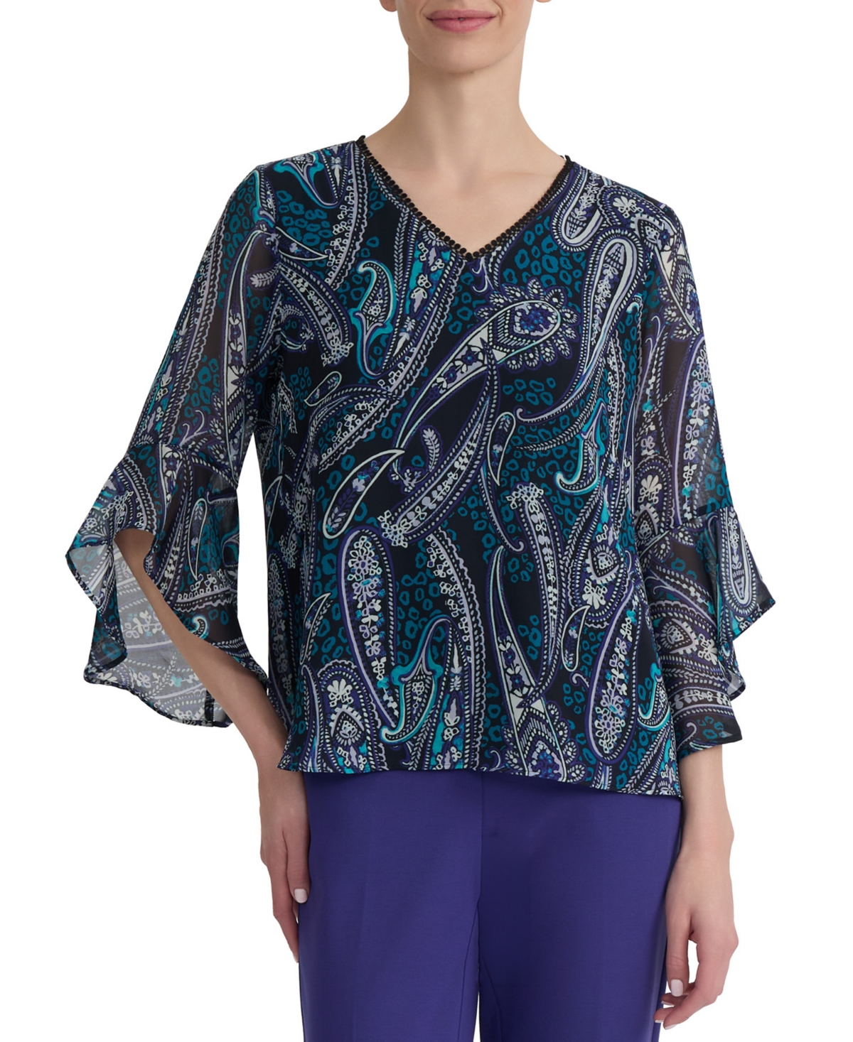Click here for Kasper Womens Printed V-Neck Ruffle-Sleeve Blouse... prices